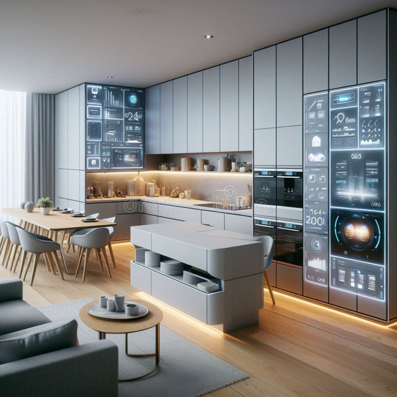 Digital Kitchen Room Inside Design in Future Stock Illustration ...