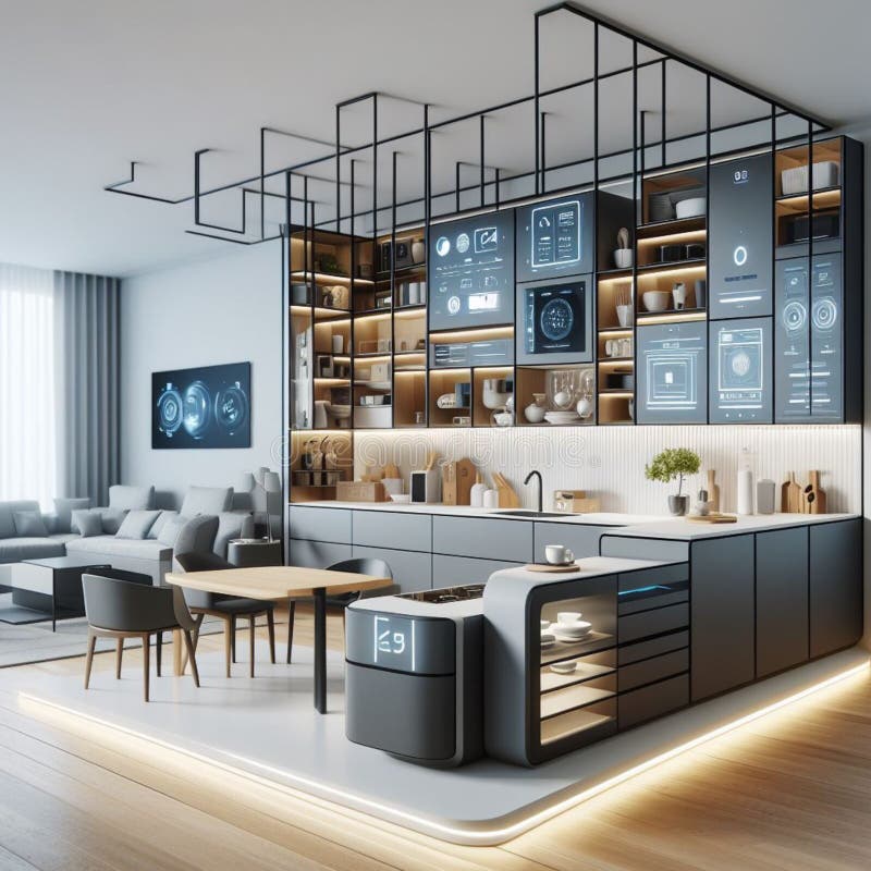 Digital Kitchen Room Inside Design in Future Stock Illustration ...