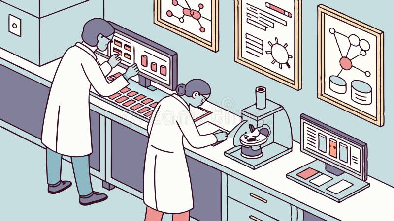 Digital Lab: Scientists Interacting with Screens at Bench, Vector ...