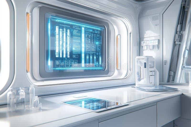 Digital Laboratory in White with a Computer Screen, Machines, and Test ...