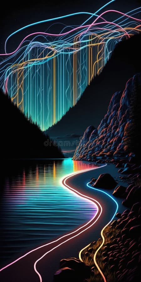 Digital Lake of Neon Lines in the Dark Digital Illustration Art Stock ...