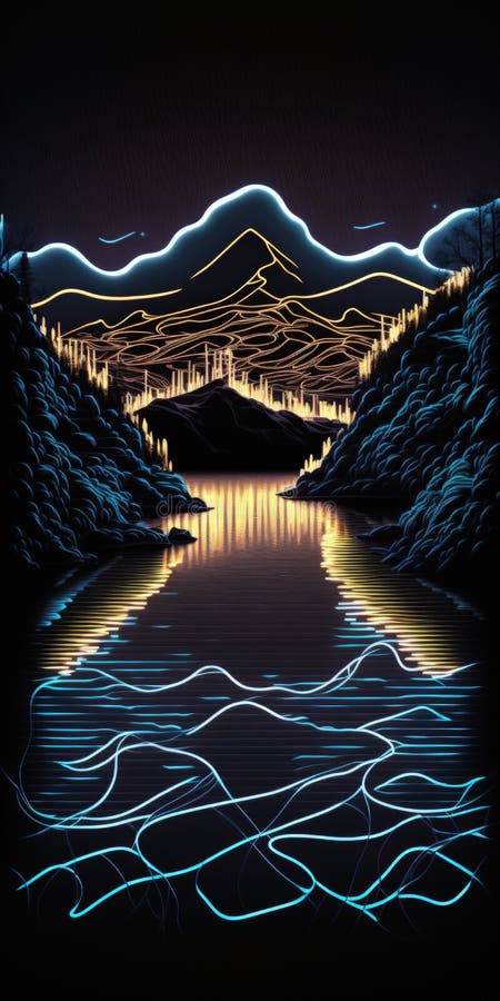Digital Lake of Neon Lines in the Dark Digital Illustration Art Stock ...