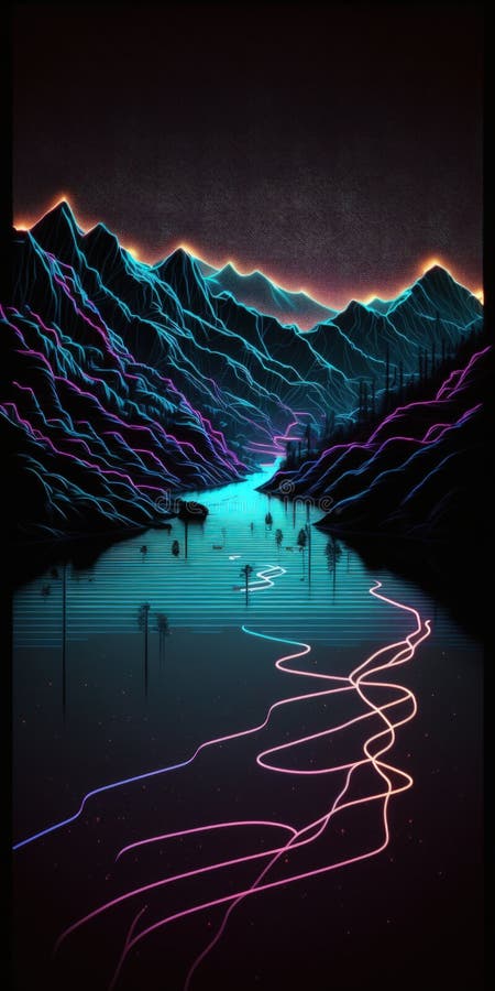 Digital Lake of Neon Lines in the Dark Digital Illustration Art Stock ...
