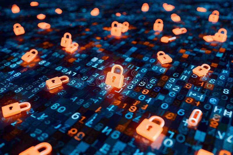 Digital Landscape with Alphanumeric Characters and Padlock Icons ...
