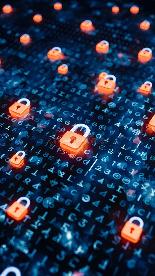Digital Landscape with Alphanumeric Characters and Padlock Icons ...
