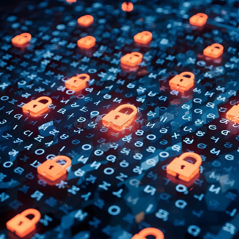 Digital Landscape with Alphanumeric Characters and Padlock Icons ...