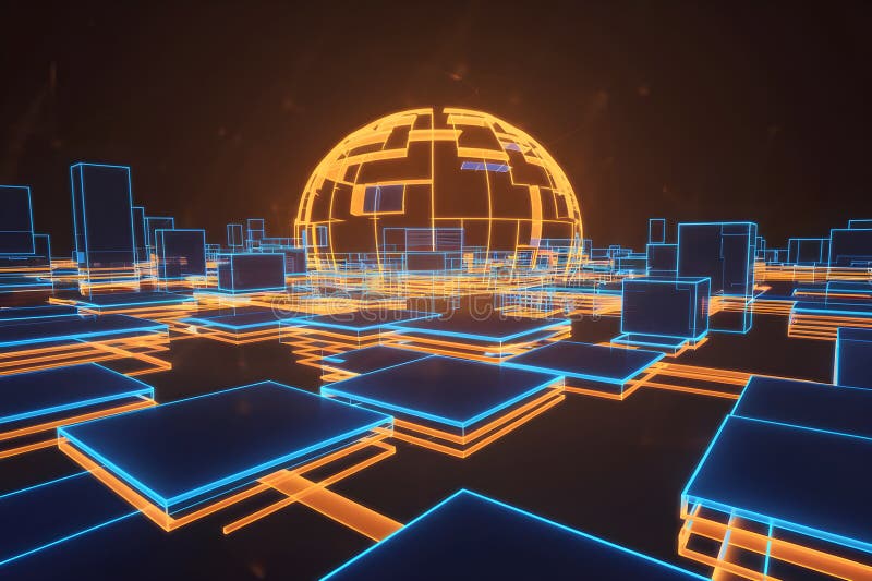 Digital Landscape with Blue-orange Platforms, Glowing Orb Evokes ...