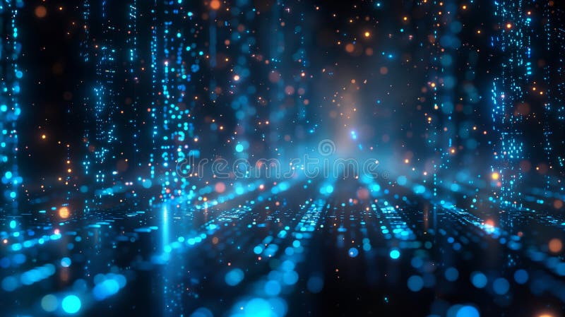 Digital Landscape with Blue Particles and Light Rays in a Dark ...
