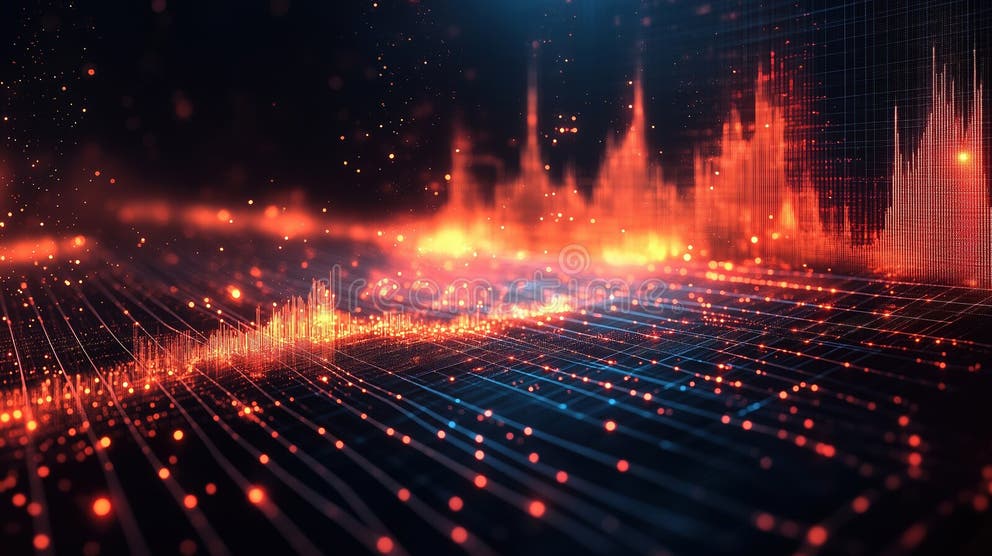 Digital Landscape of Data Analysis Visualization with Glowing Orange ...