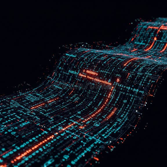 A Digital Landscape Features a Flowing Stream of Binary Code, Primarily ...