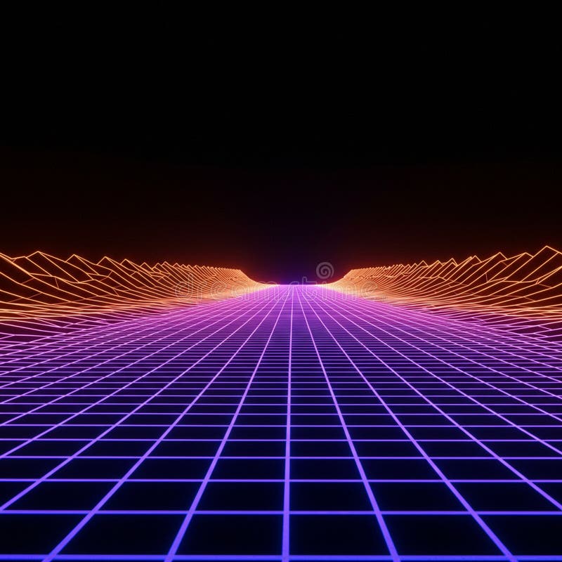 A Digital Landscape Features a Retro-futuristic Grid Pattern in Purple ...