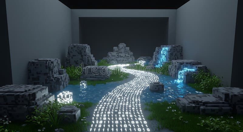 A Digital Landscape Features a River of Binary Code Flowing through a ...