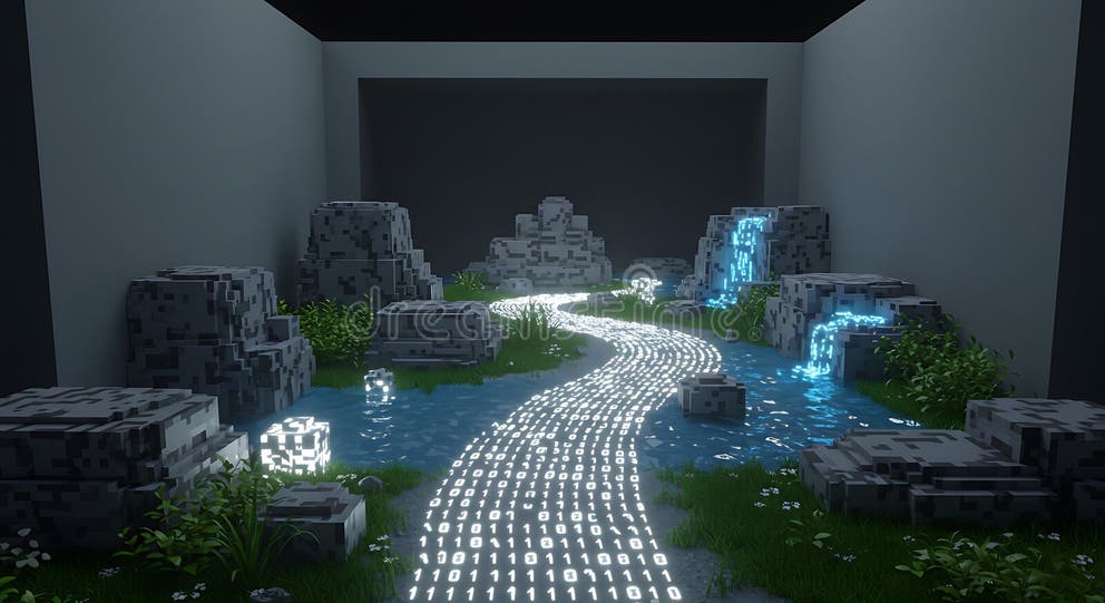 A Digital Landscape Features a River of Binary Code Flowing through a ...