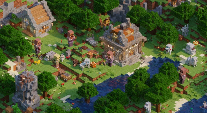 A Digital Landscape Features a Village from the Game Minecraft. Various ...