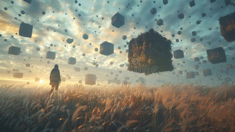A Digital Landscape with Floating Cubes Representing Different Thoughts ...
