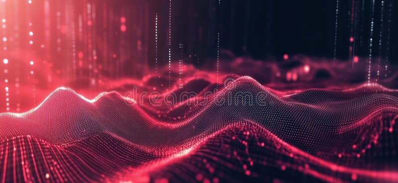 Digital Landscape with Flowing Red Waves and Glowing Particles ...