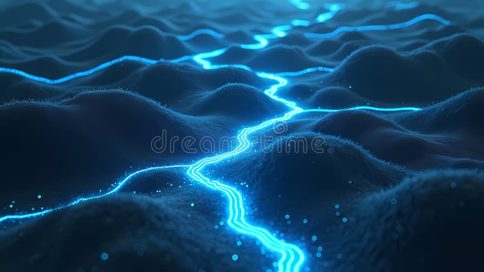 Digital Landscape Glowing Blue Pathways Shadowy Environment Stock Photo ...