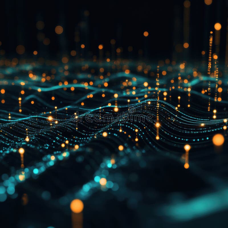 Digital Landscape with Glowing Data Symbols Flowing through Dark ...