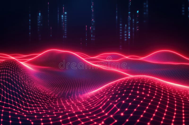 Digital Landscape with Glowing Grid and Neon Lights, Abstract Waves and ...