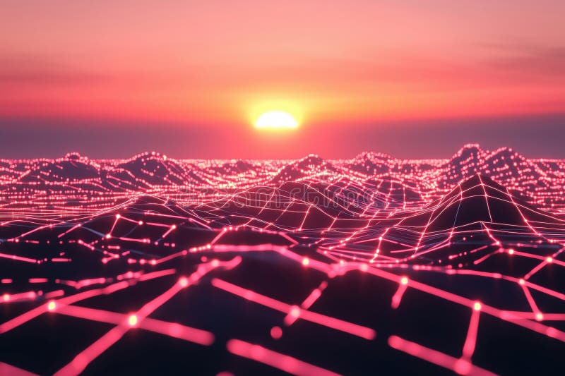 Digital Landscape with Glowing Grid and Sunset Stock Photo - Image of ...