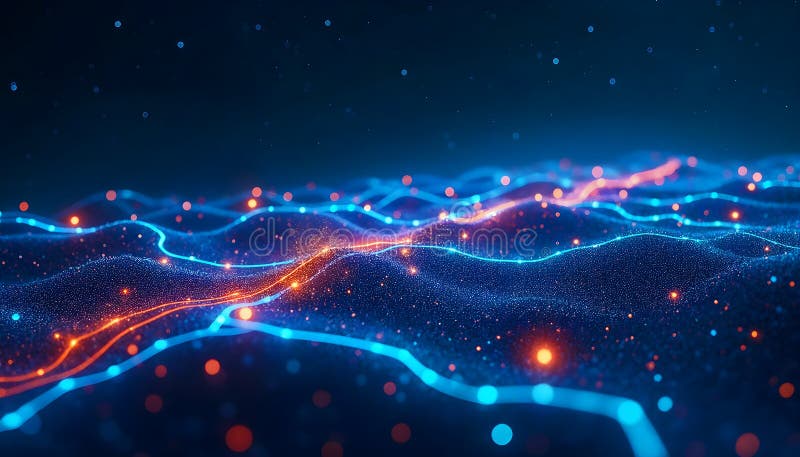 Digital Landscape with Glowing Lines, Nodes, and Flowing Energy Stock ...