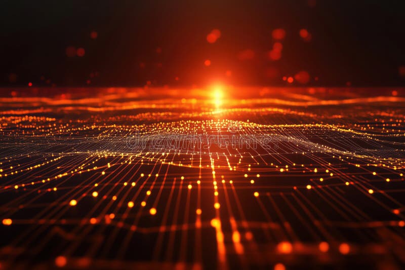 Digital Landscape with Glowing Orange Lines and Dots, Sunset Effect ...