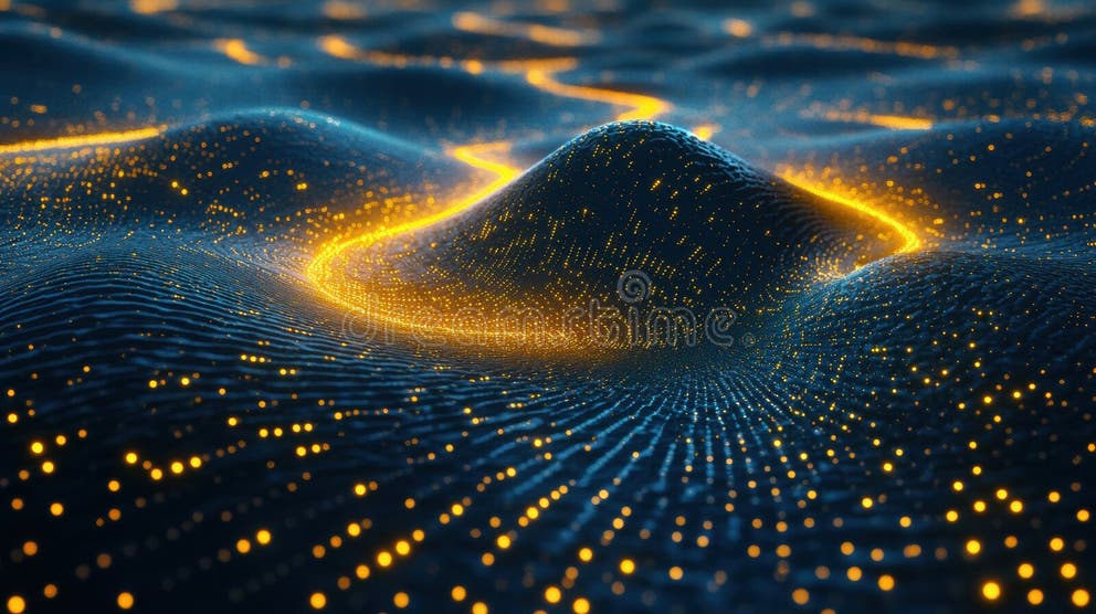 Digital Landscape of Glowing Particles Flows Across Undulating Terrain ...