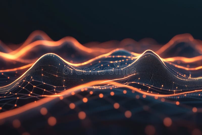 Digital Landscape with Glowing Waves and Nodes, Abstract Visualization ...