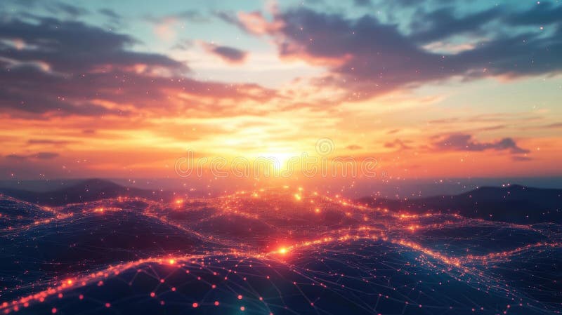 Digital Landscape Glows Under Sunset with Network, Data Flow, and ...