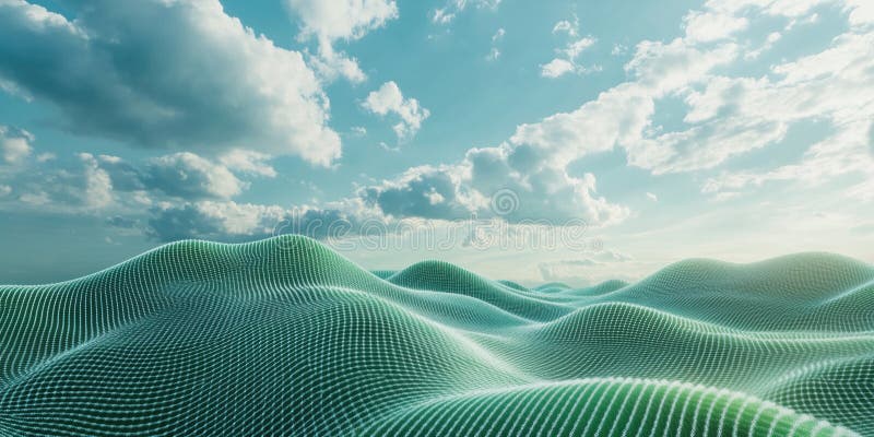 Digital Landscape with Green Mesh Hills Under Blue Sky and Clouds, Showcasing Abstract 3D ...