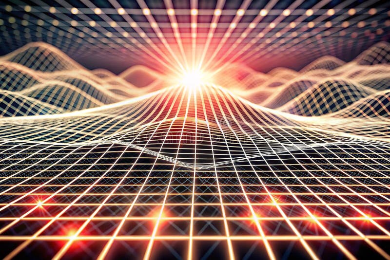 Digital Landscape, Grid, Glowing, Sunburst, Network Stock Illustration ...