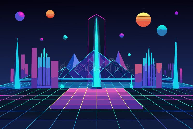 Digital Landscape with High Tech Geometric Structures, Light Beams, and ...