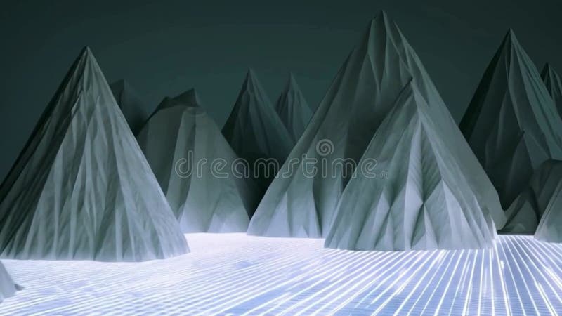 Digital Landscape with Low-poly Mountains and Glowing Grid Ground Stock ...