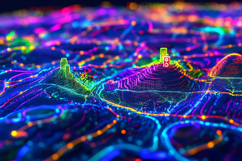 Digital Landscape with Neon Lines and Structures Network Visualization ...