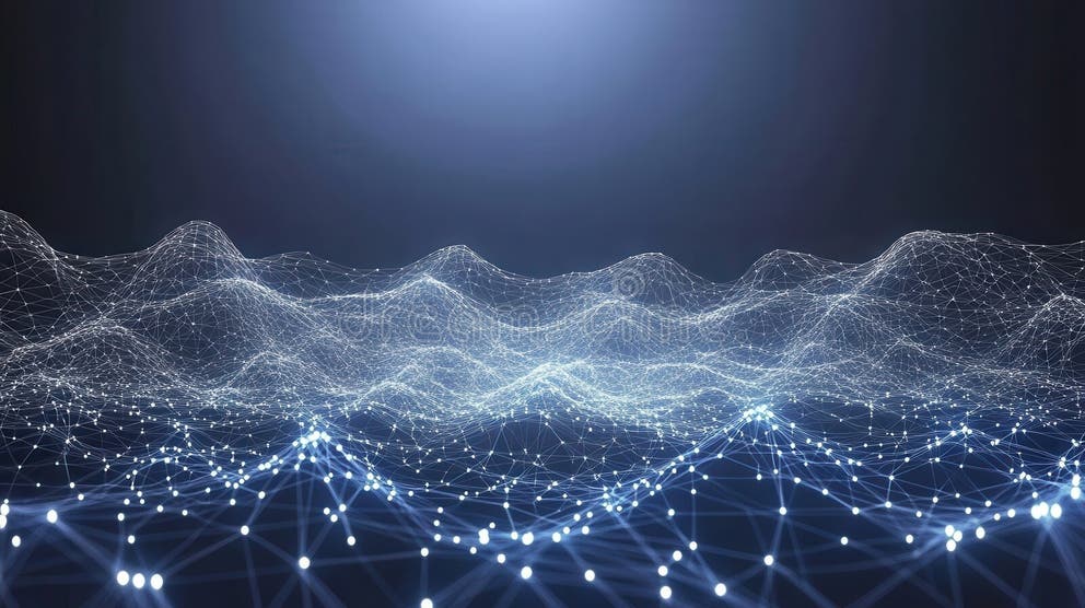 Digital Landscape Network of Data Points Forming a Wavy Terrain on Dark ...