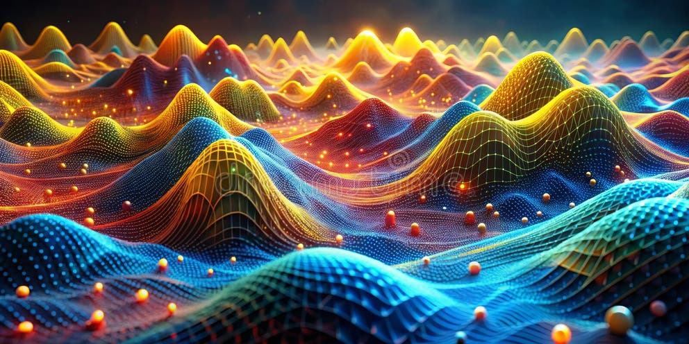 Digital Landscape Networked Peaks, Glowing Nodes, Data Visualization ...