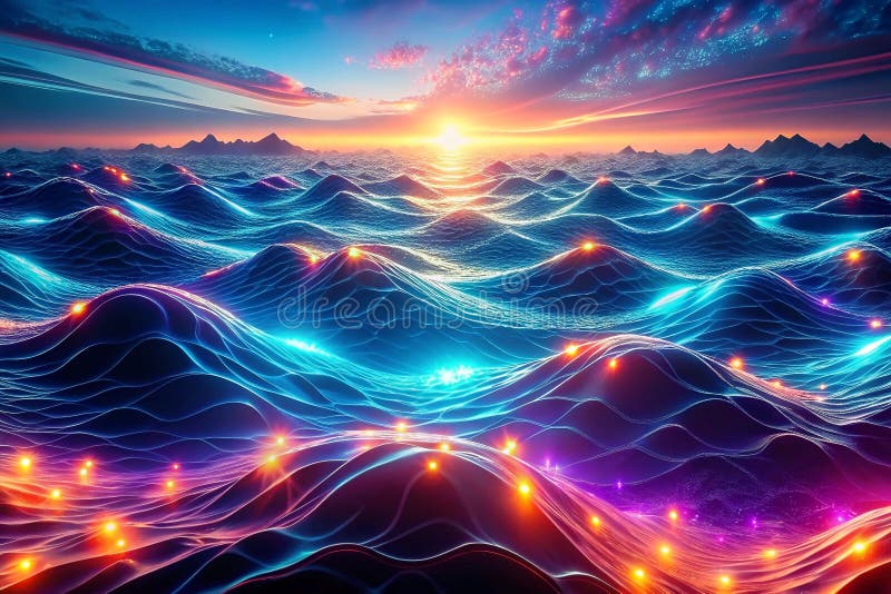 Digital Landscape, Sunrise, Glowing Mountains, Abstract Waves Stock ...