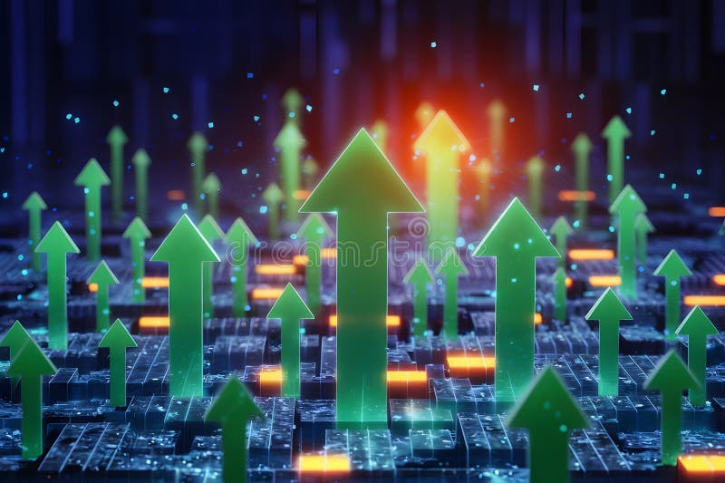 Digital Landscape with Vibrant Hues, Green Arrows Symbolizing Growth in ...