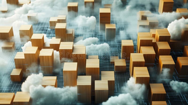 Digital Landscape with Wooden Blocks and Soft Cloud Background Stock ...