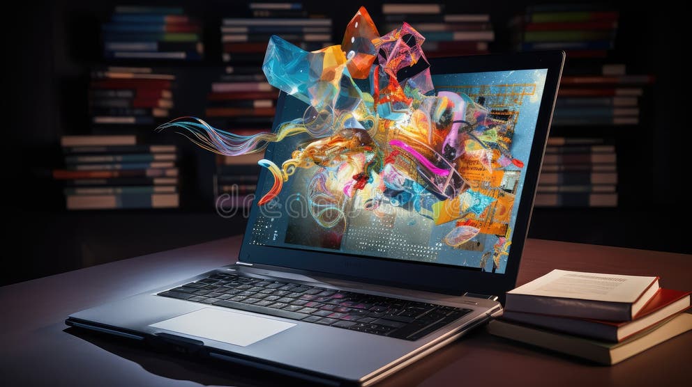 Digital laptop on books stock illustration. Illustration of platform ...