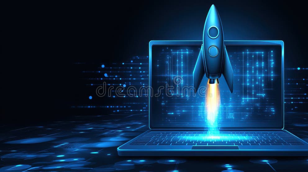 Digital Launch Rocket Takes Off from Laptop Screen into a High-Tech ...