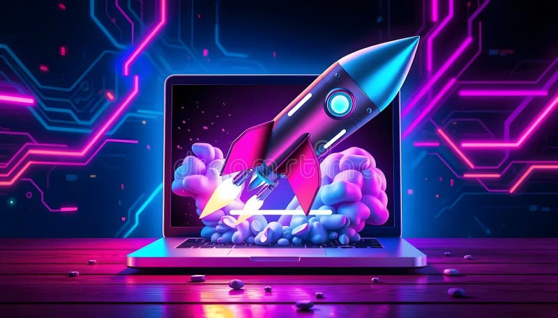 Digital Launch: Rocket Taking Off from Laptop Screen Stock Illustration ...