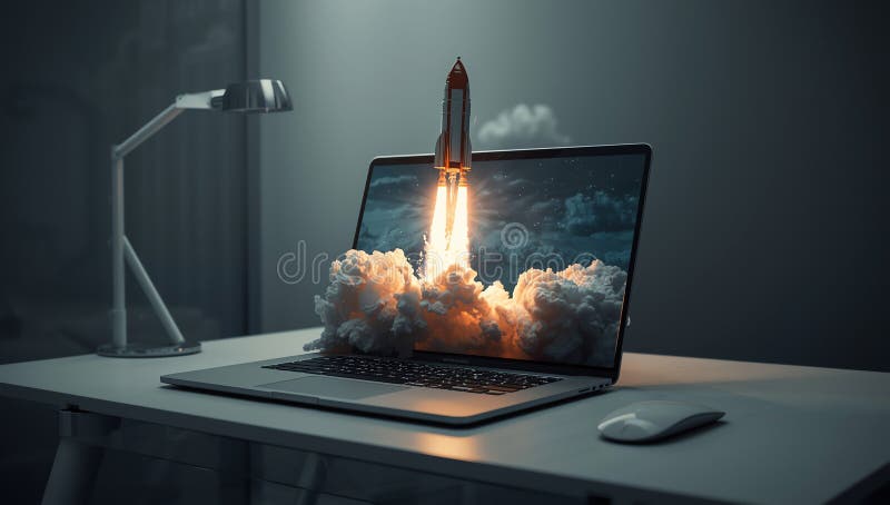 Digital Launchpad: Rocket Blasting Off Laptop Screen Stock Illustration ...