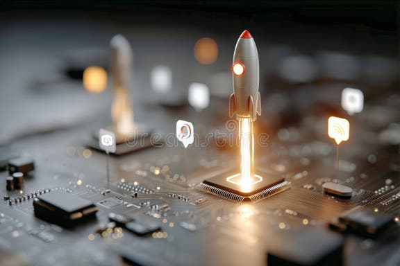 Digital Launchpad with Rocket Emerging on Circuit Board Representing ...