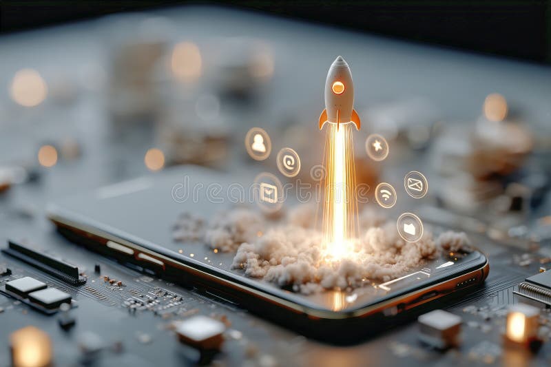 Digital Launchpad with Rocket Emerging on Circuit Board Representing ...