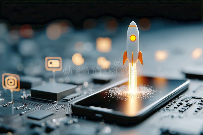 Digital Launchpad with Rocket Emerging on Circuit Board Representing ...