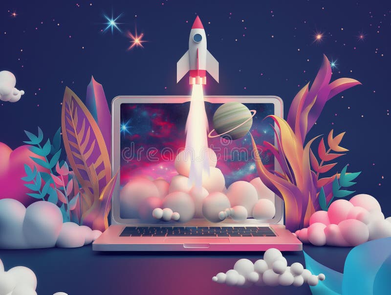 Digital Launchpad: Rocket Launch from a Laptop into Space Stock Photo ...
