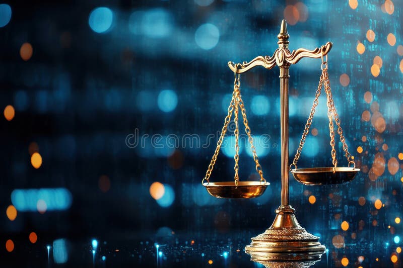Digital Law Concept with Scales and Data Background Stock Photo - Image ...