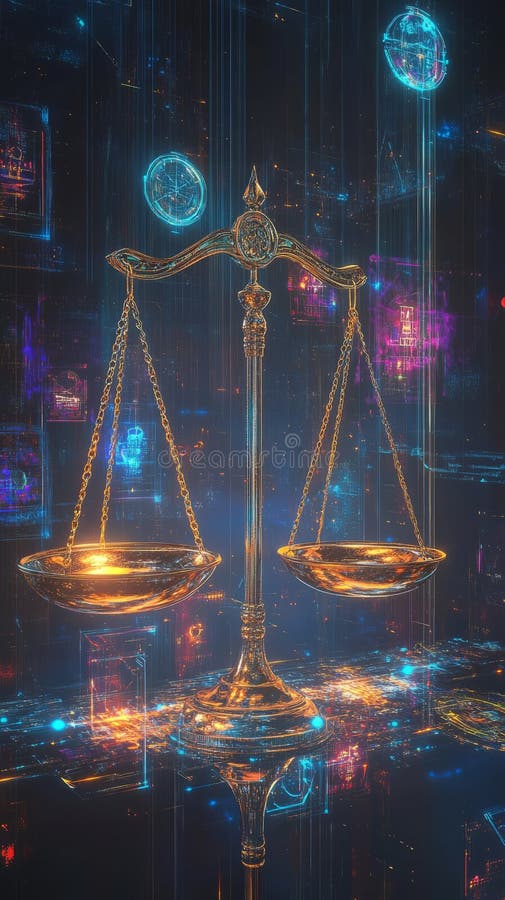 Digital Law Concept. Law Scales at Data Center Stock Illustration ...