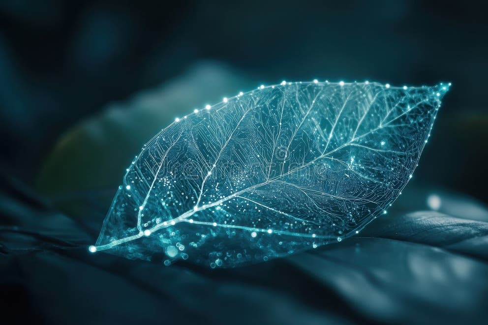 Digital Leaf with Glowing Network Lines on Dark Natural Background ...